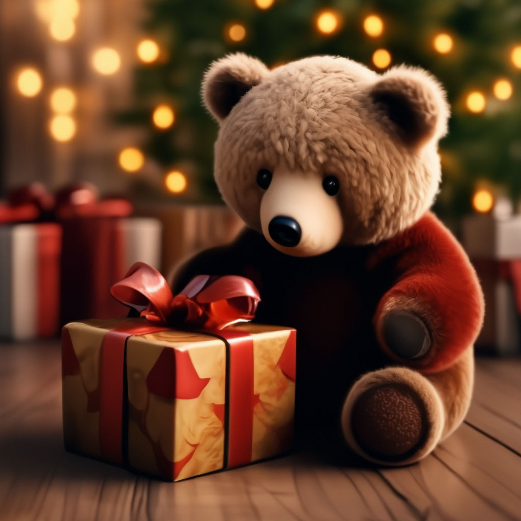 "Mishka gives a gift for the New Year" — image created in Shedevrum