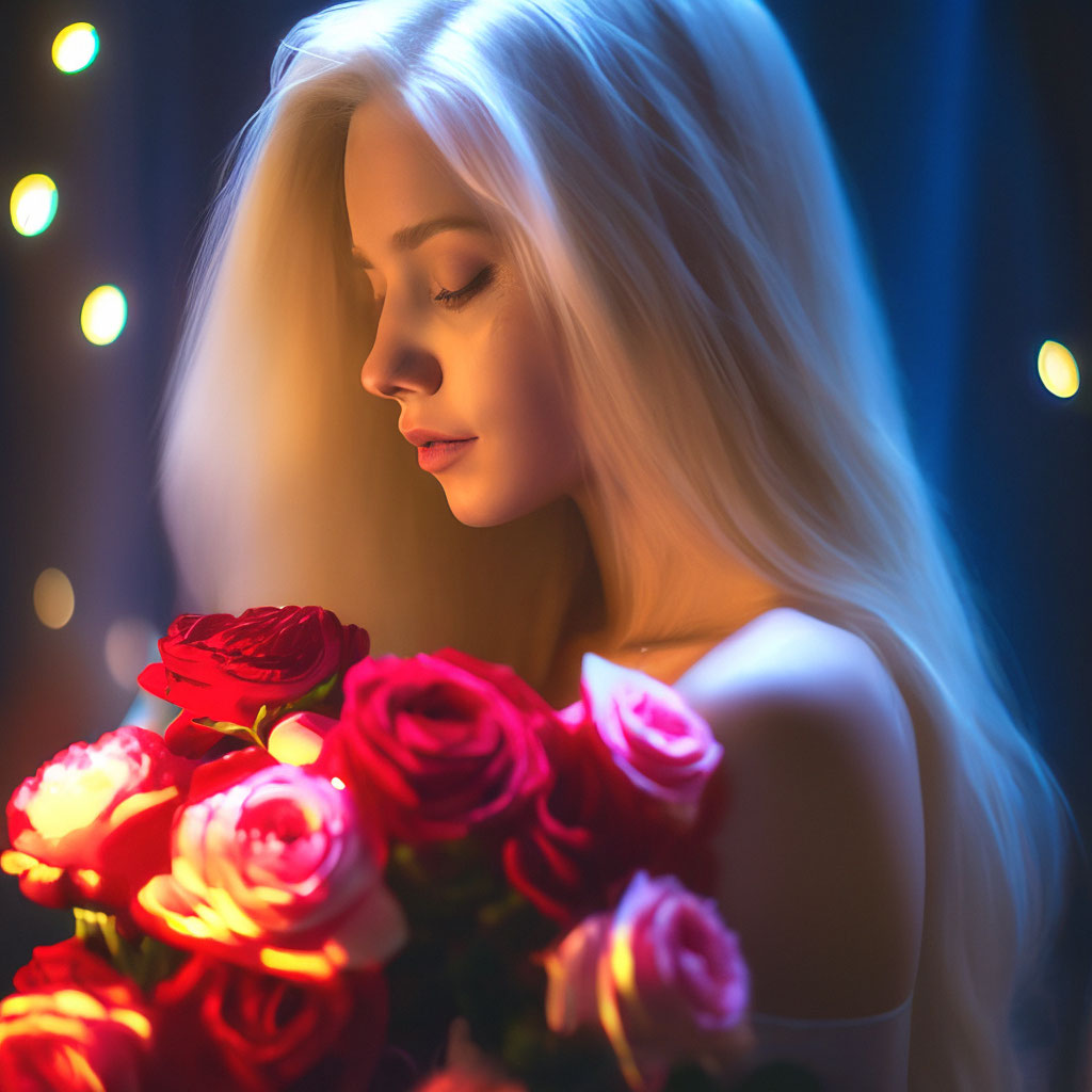 "Dark silhouette of a fragile girl with long blonde hair, face up ...