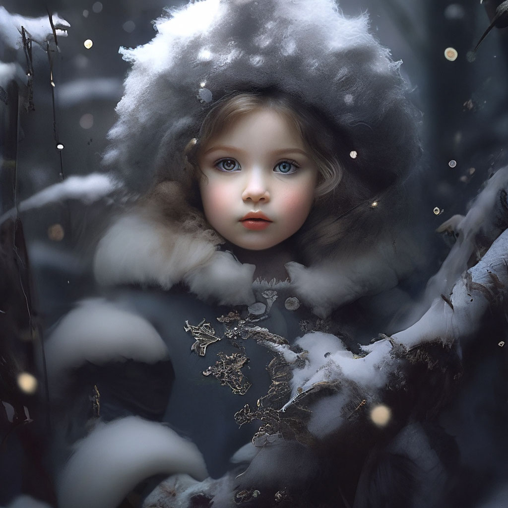 "Beautiful mysterious New Year's child, dark fantasy, fluffy, snowy ...