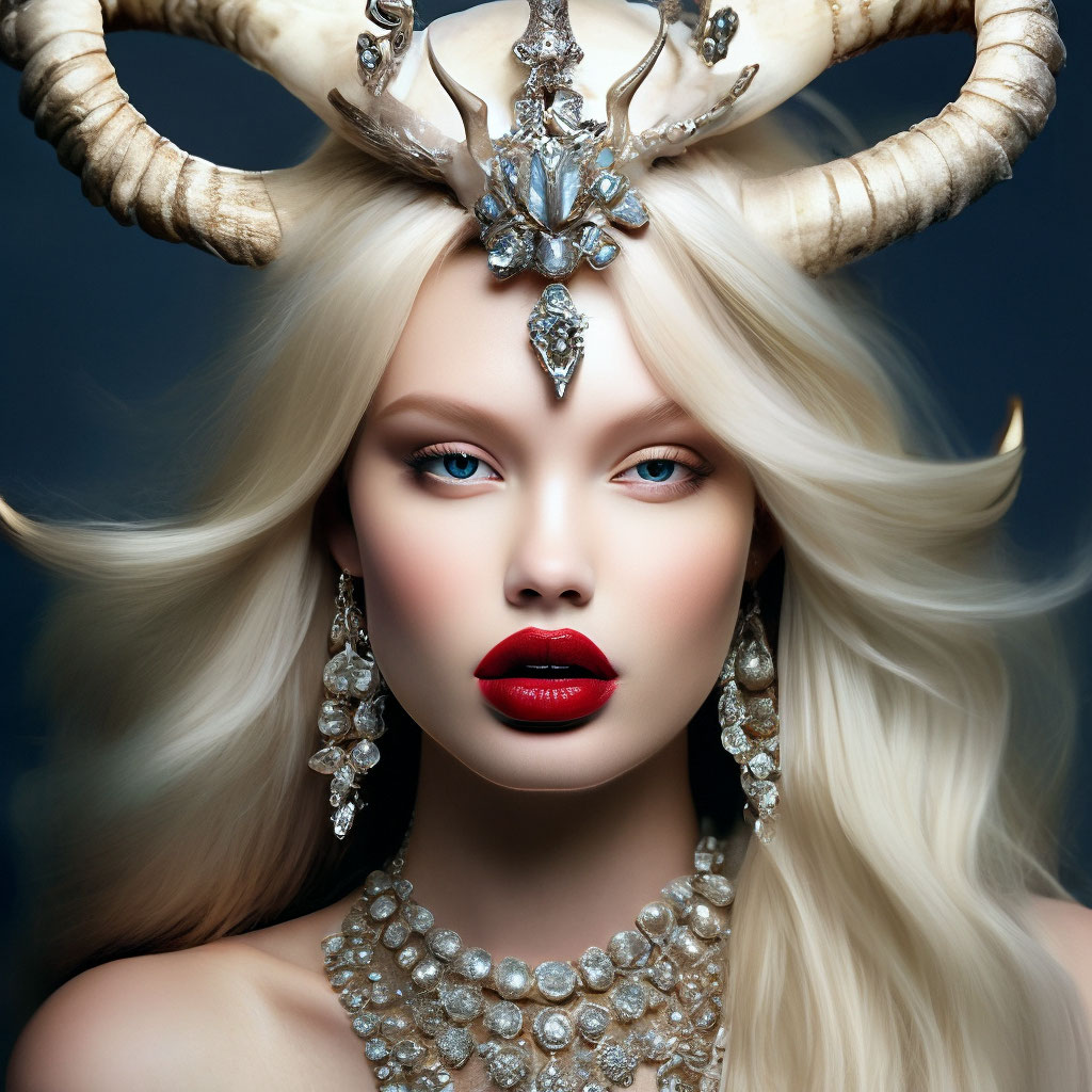 "Beautiful face, horns on the head, blonde, juicy make-up, plump lips ...