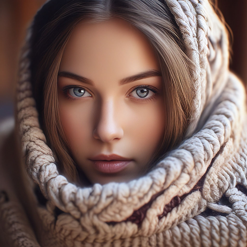 "Woolen shawl,pattern on a scarf, girl, eye focus,wind movement ...