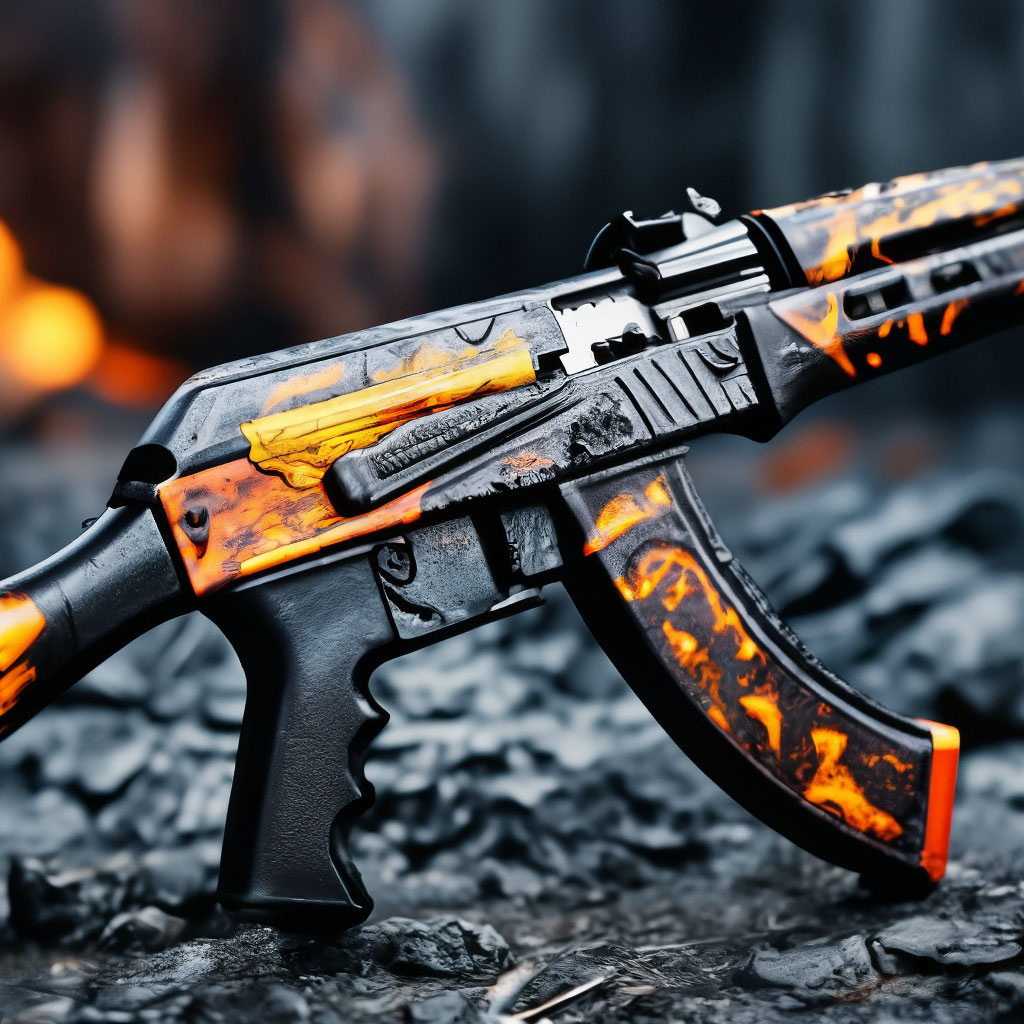 "Ak 47 in hell style, lava flows down from it and the upper part is ...