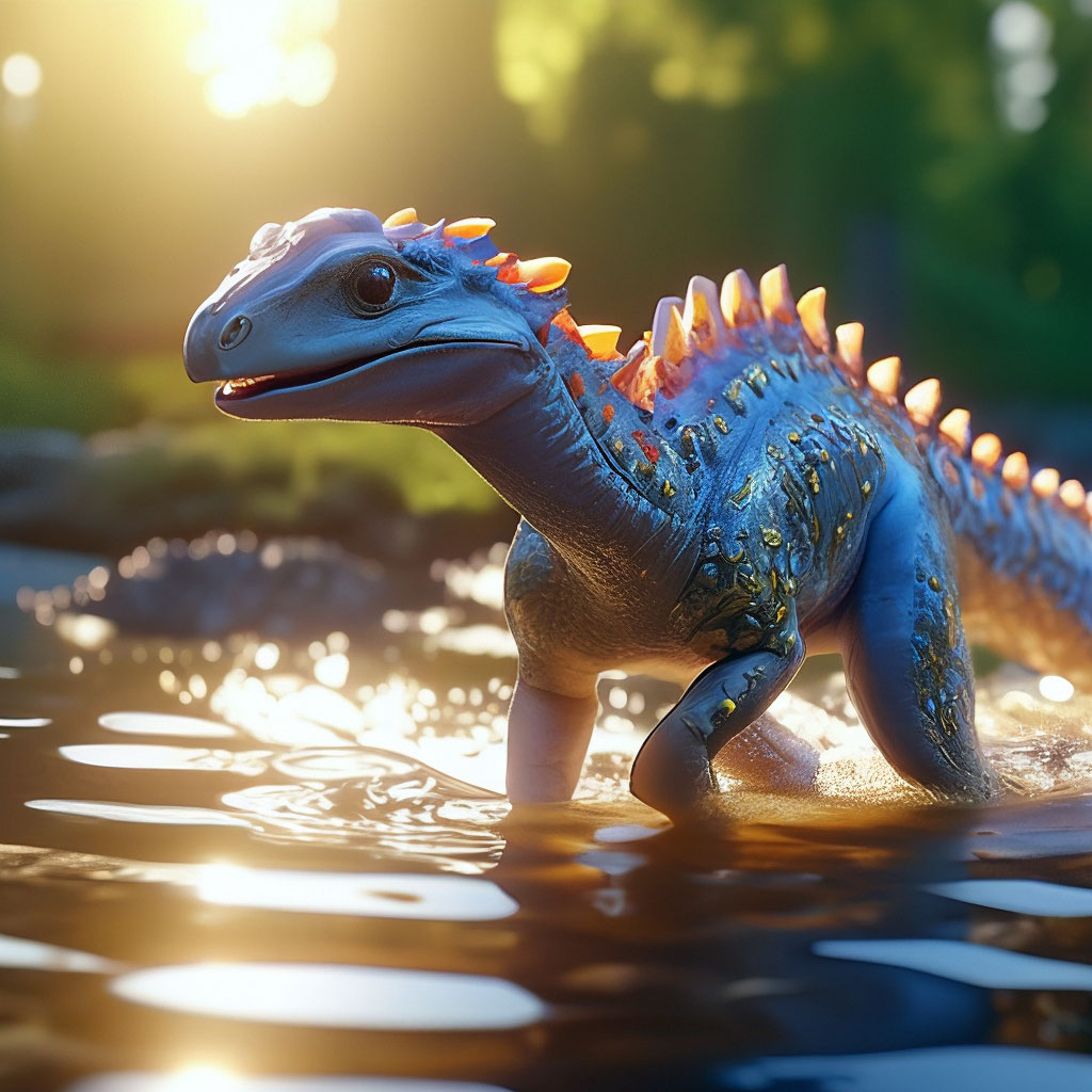 "Agilisaurus - frolic by the river, sunlight,,filigree, surrealism ...