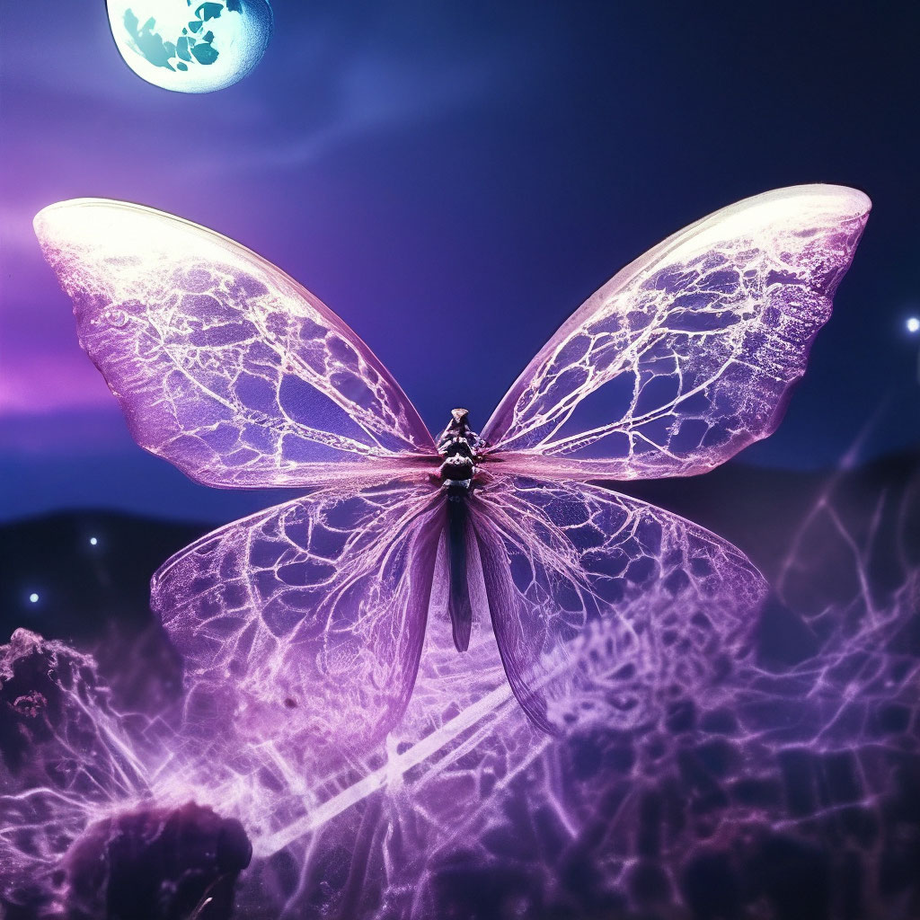 "Transparent butterfly, spider web wings, moonscape, purple tones ...