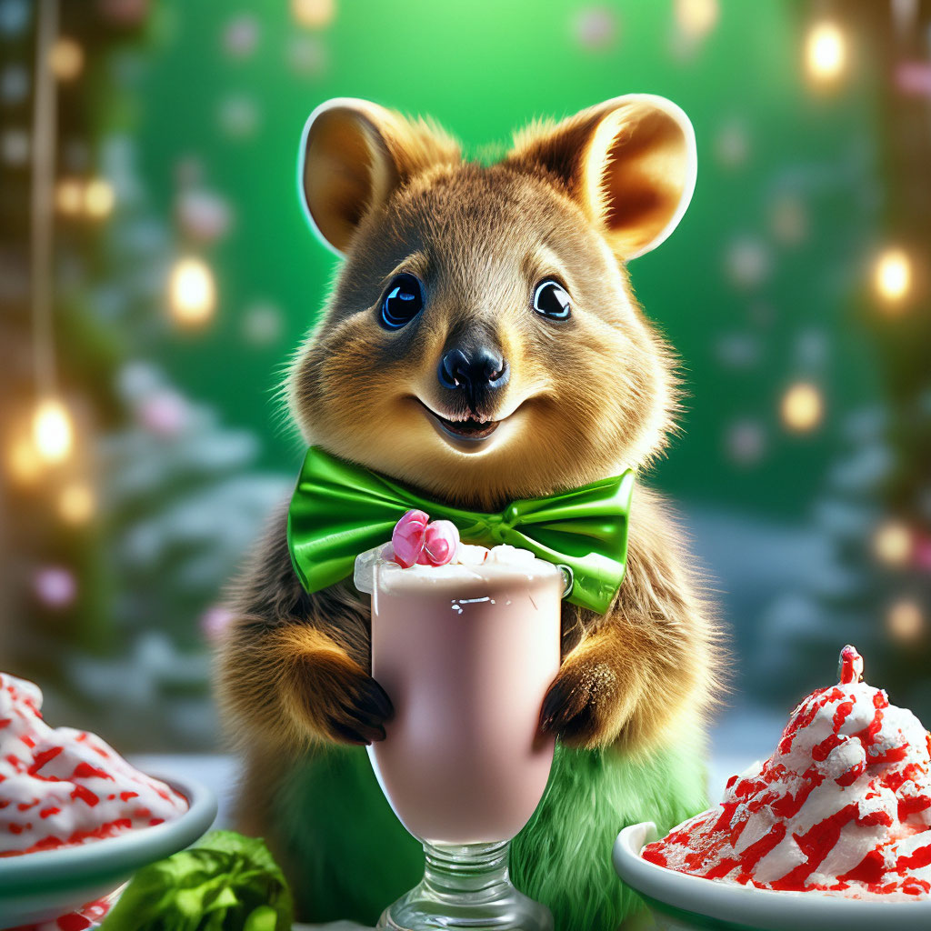 "Sweet life. animal quokka in a green bow, holding a glass of cocoa ...