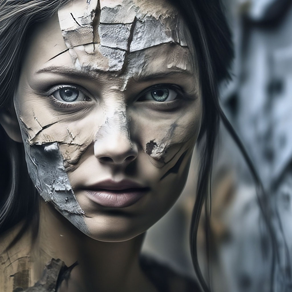 "Cracked paint on the wall of an ancient castle, under the paint hides a portrait of a beautiful ...