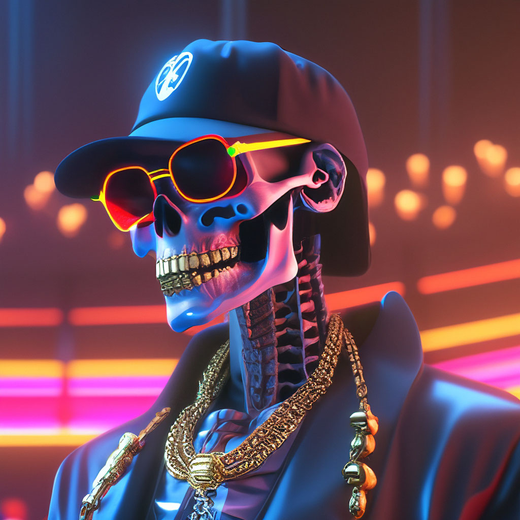 "DJ skeleton in neon glasses in an unbuttoned black jacket in a red cap ...