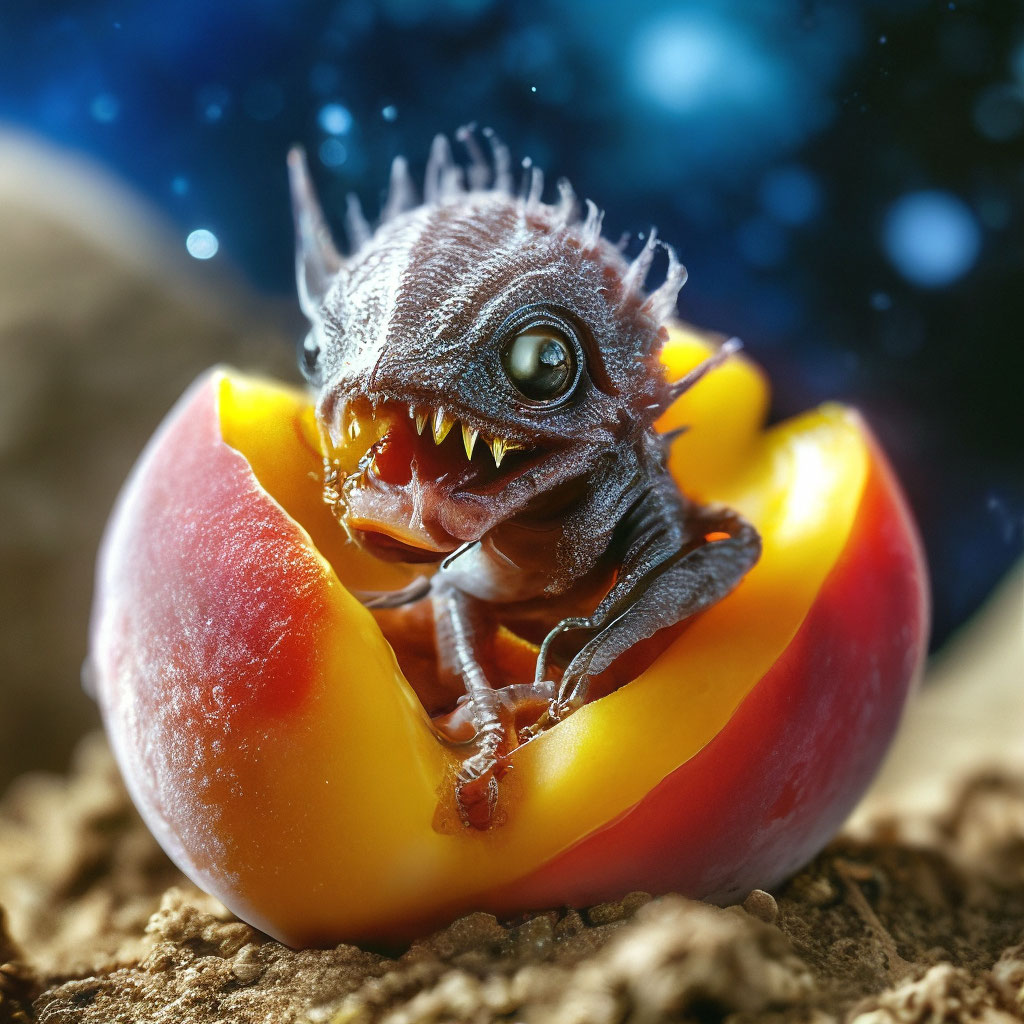 "Beyond the universe. Nest inside a juicy peach . Fullprofile. The ...