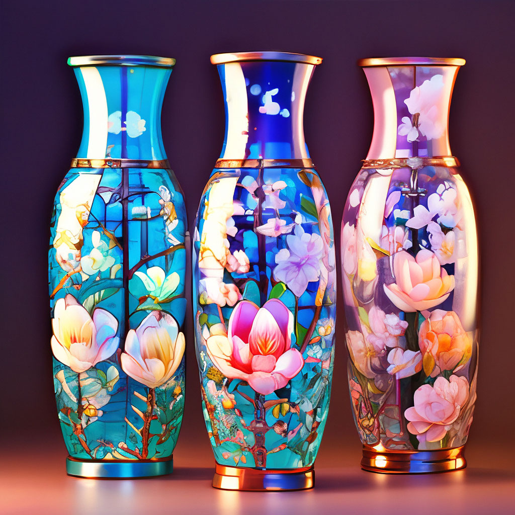 "Stained glass vases with flowers and Chinese pattern, Transparency ...