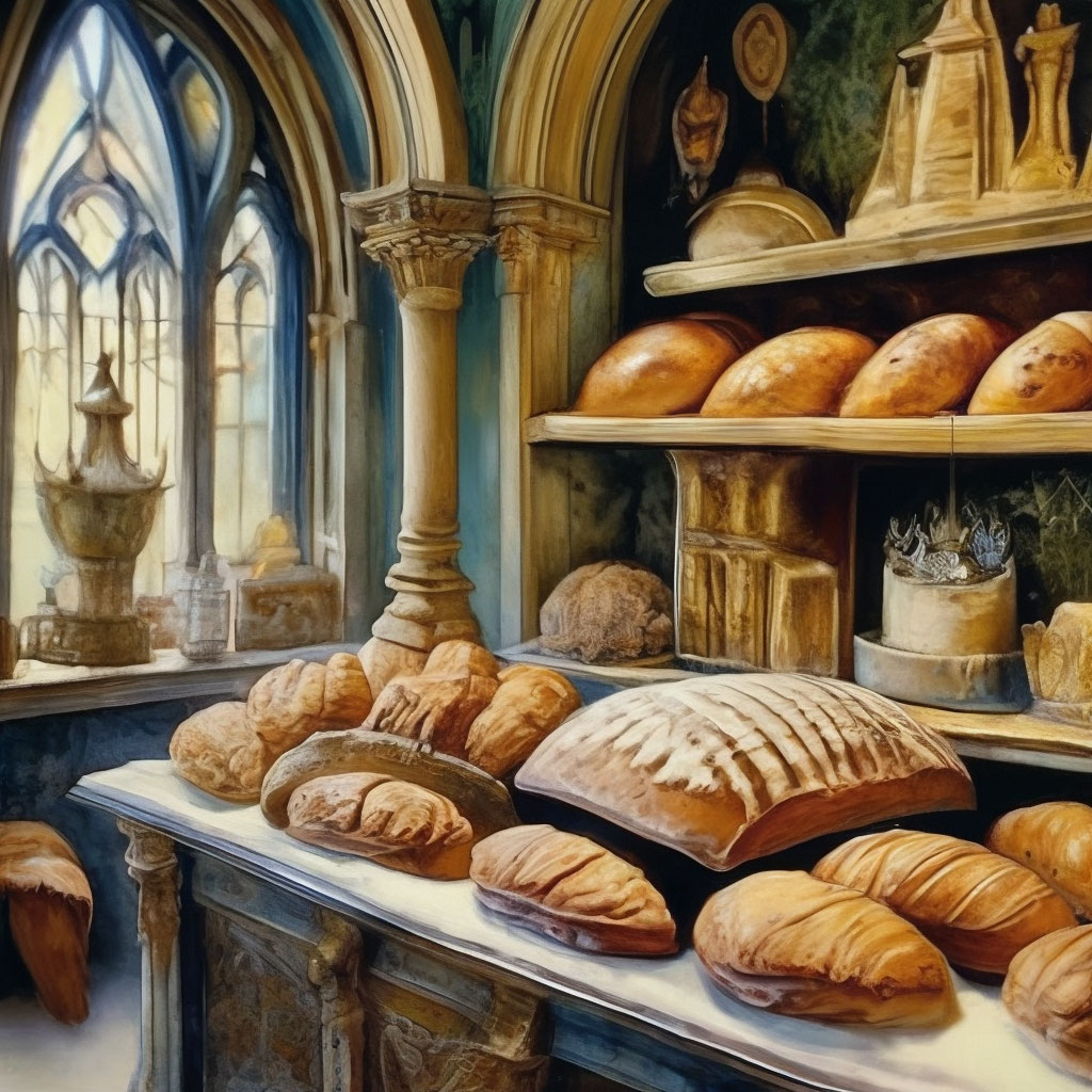 "Watercolor , silk drawing, Victorian era, bread shop inside ...