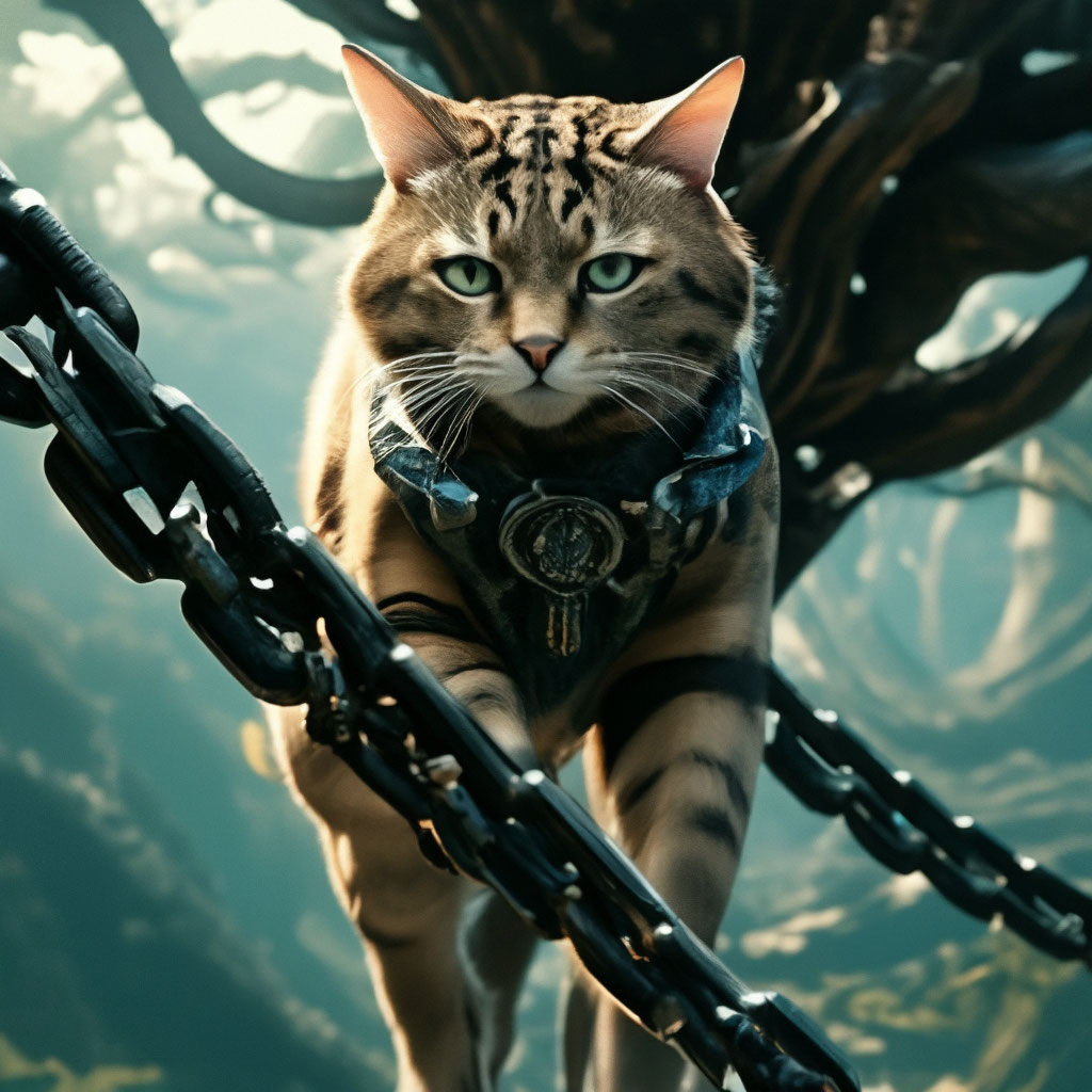"The cat at chen walks on a chain at the fantasy oak" — image created ...