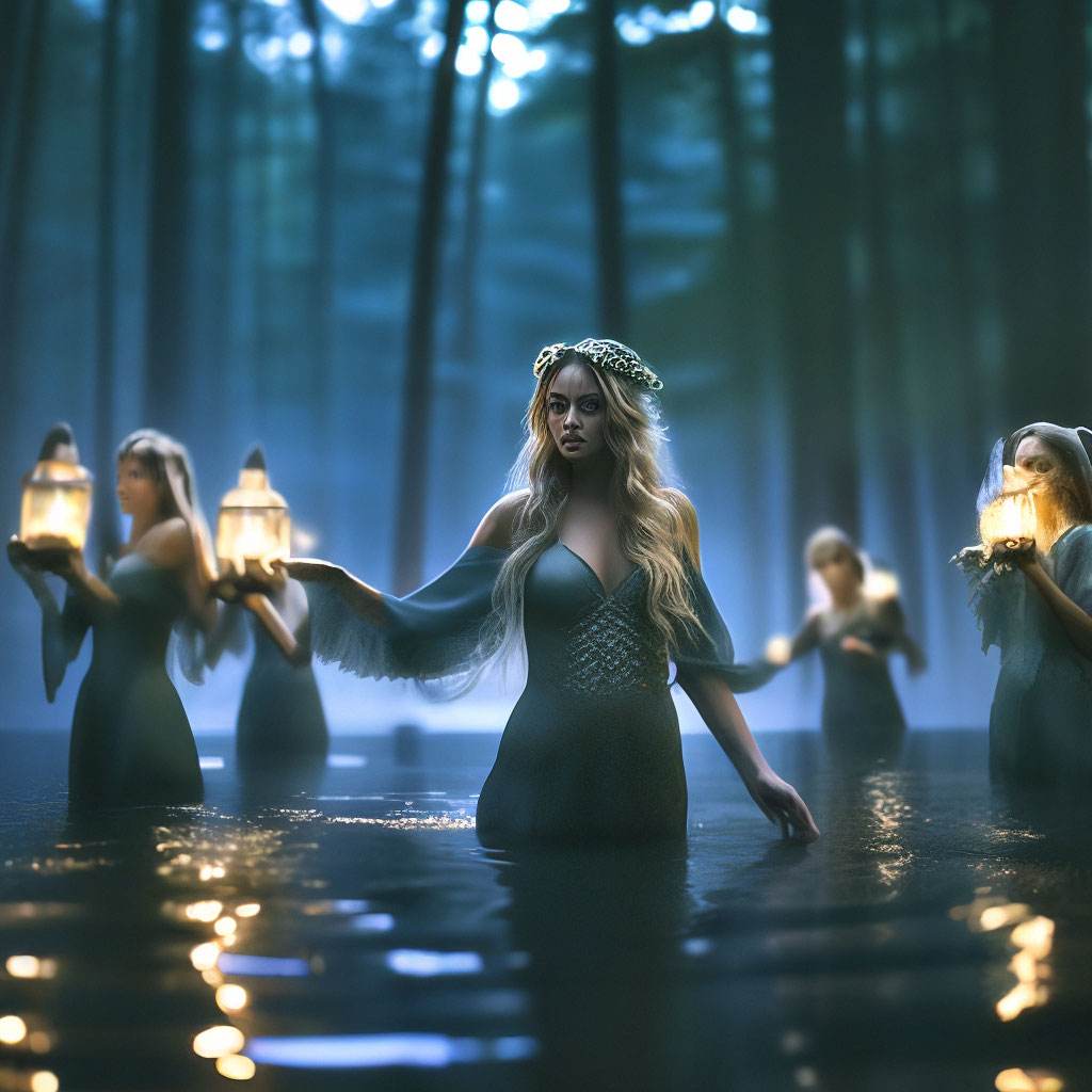 "Mermaids frolic in a forest lake, moonlit night, mysticism ...