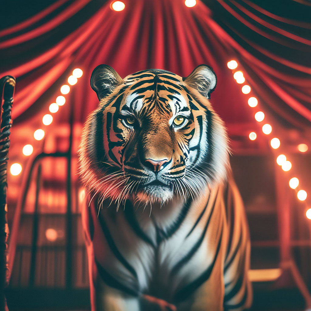 "A tiger in a circus is looking at you and with a red light behind him ...