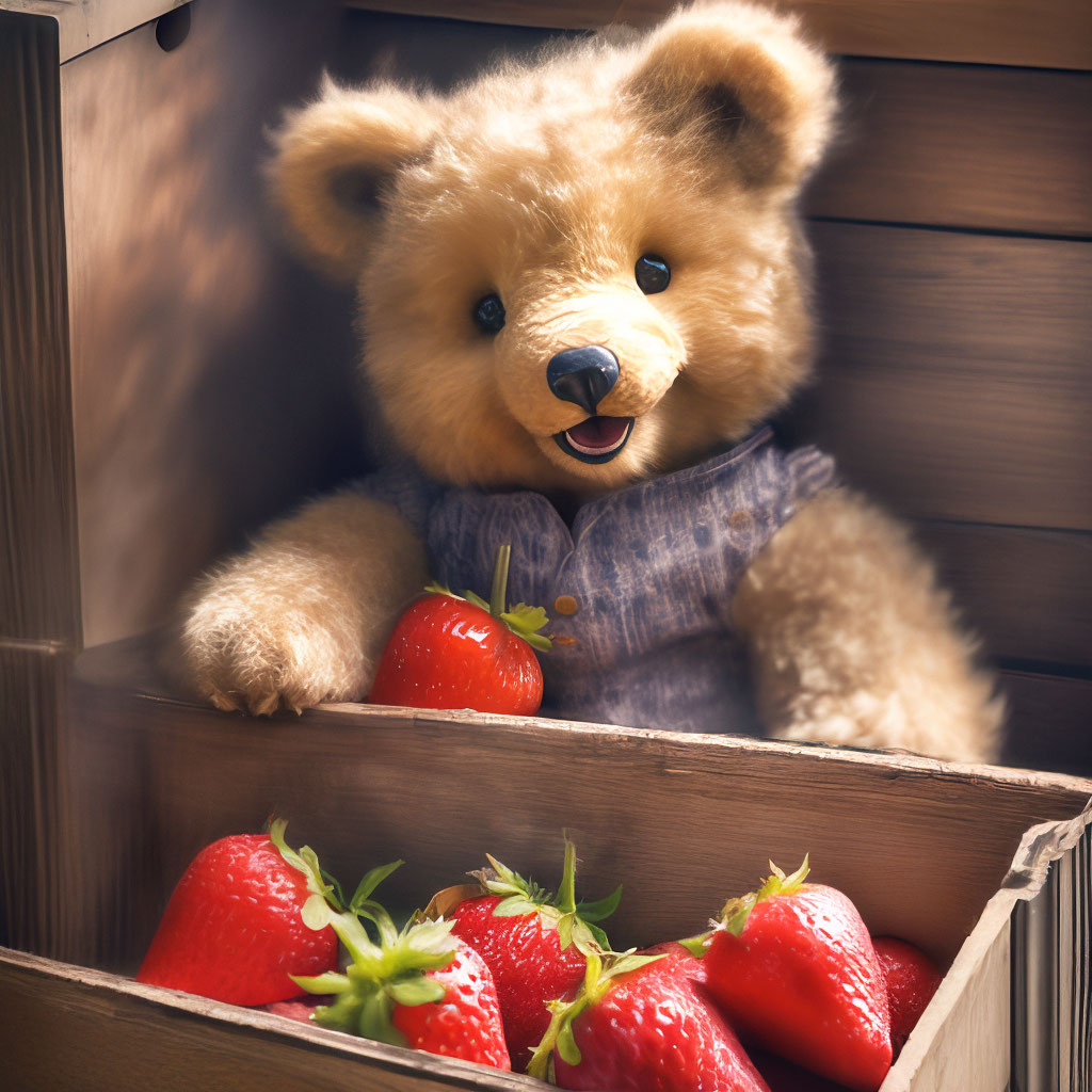 "🍓 teddy bear eating strawberries, close-up, wooden box, and laughing ...