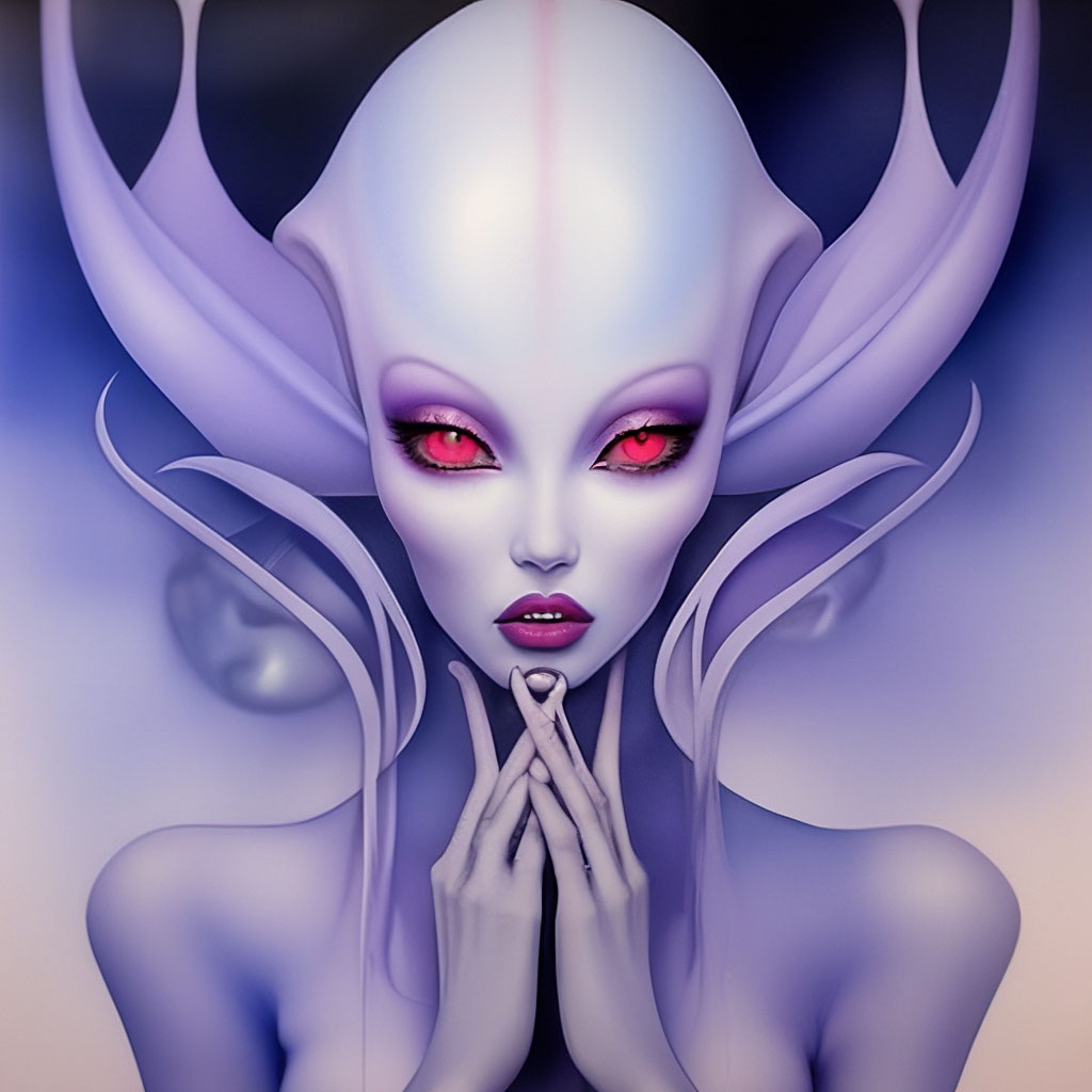 "A very beautiful alien woman, with huge eyes, very long artificial ...