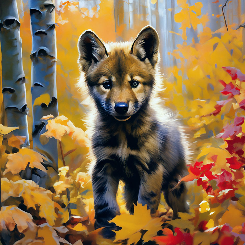 "A wolf cub in autumn foliage" — image created in Shedevrum