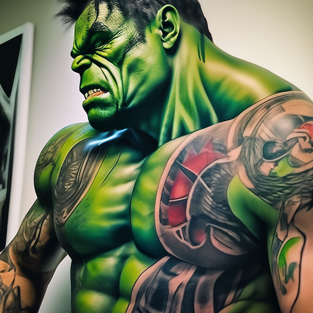"Hulk with tattoos" — image created in Shedevrum