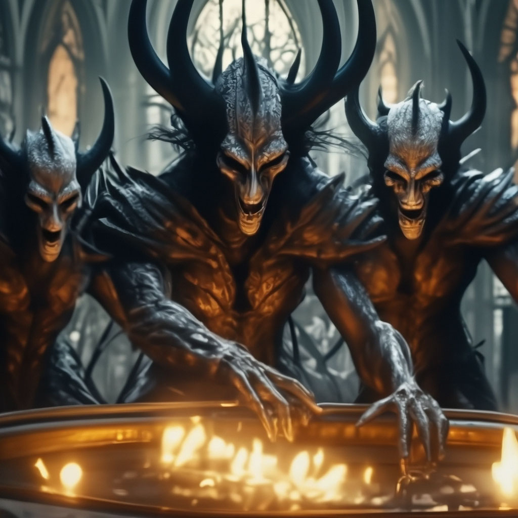 "Demons dancing on a platter with a golden bone" — image created in ...