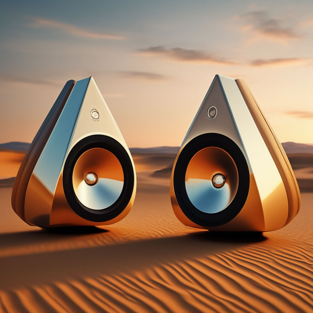 "Triangular pearl-colored music speakers , in the middle of the desert ...