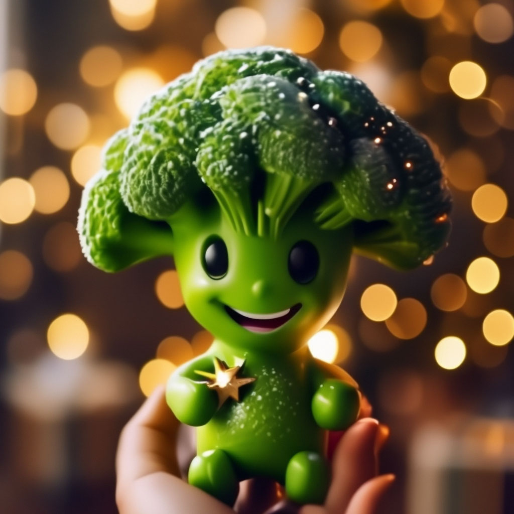 "Cute alien broccoli holds a small bright star in his palms, smiles ...