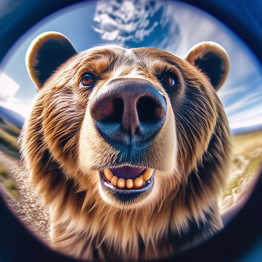 "Bear looks into the camera lens, tongue out, fisheye effect ...