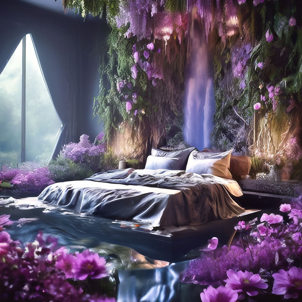 "Mystical bedroom covered with magical flowers, cascading waterfall ...