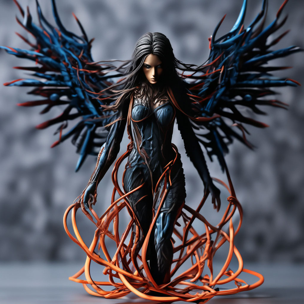 "Fallen angel, woven from colored wires, darkness, gloom, mysticism ...