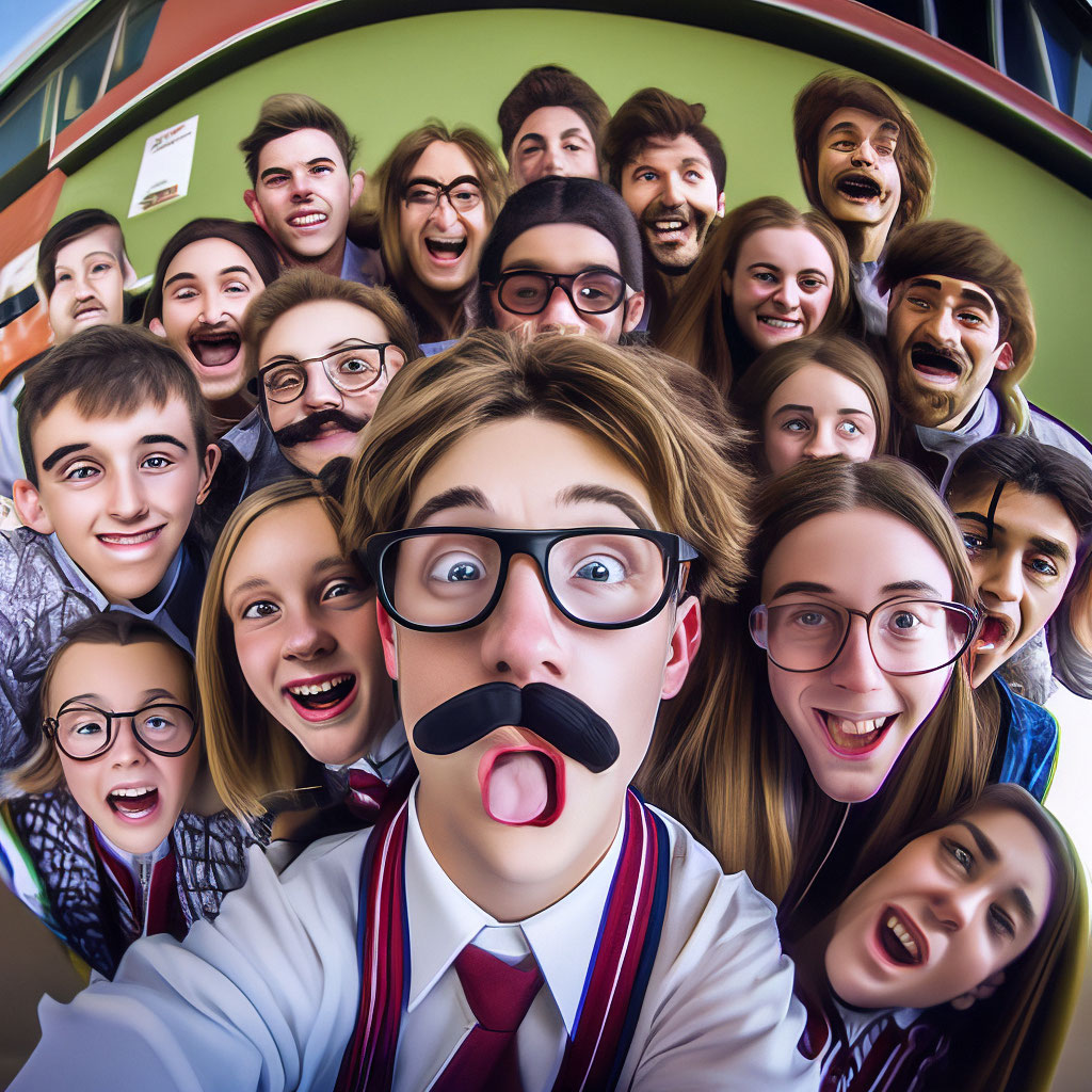 "Mustachioed high school students laugh at a shaggy nerd" — image ...