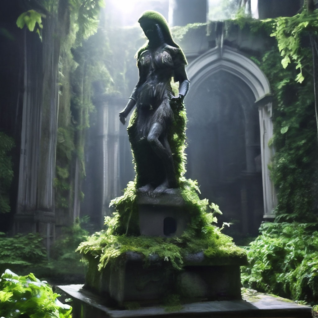 "Dark night, rays of moonlight, concrete statue in Gothic style, all ...