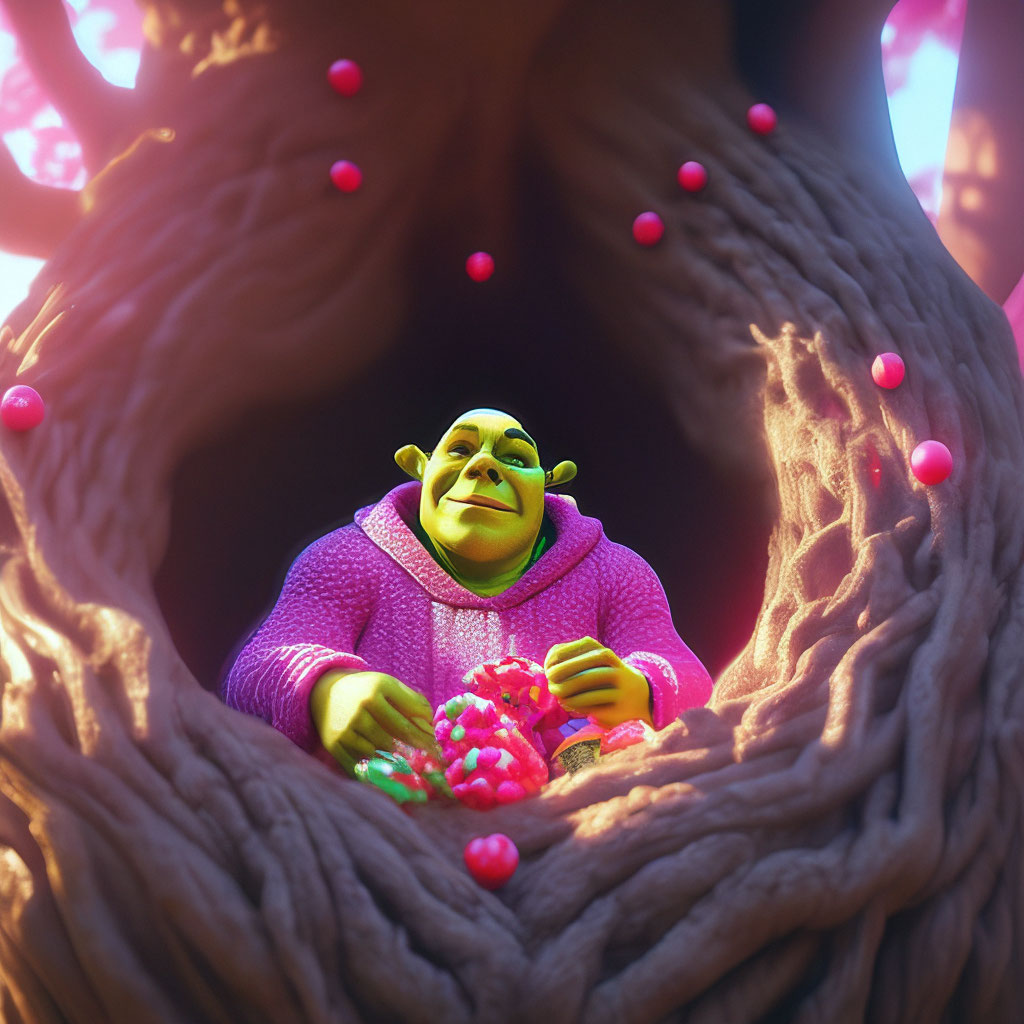 "A magical red-hot hollow on an oak tree, inside the hollow Shrek is ...