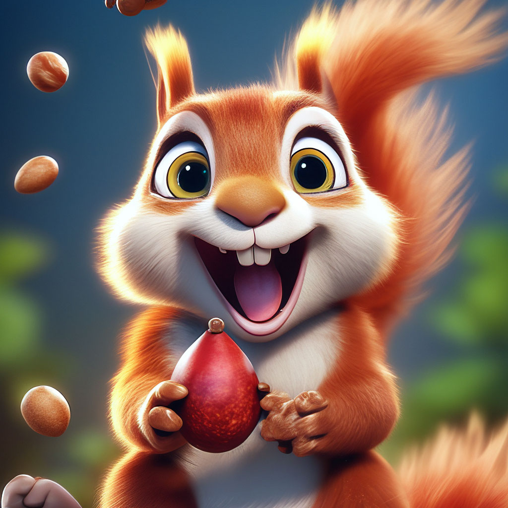 "Fluffy red squirrel, with a nut in its paws, a nut is also red, cute ...