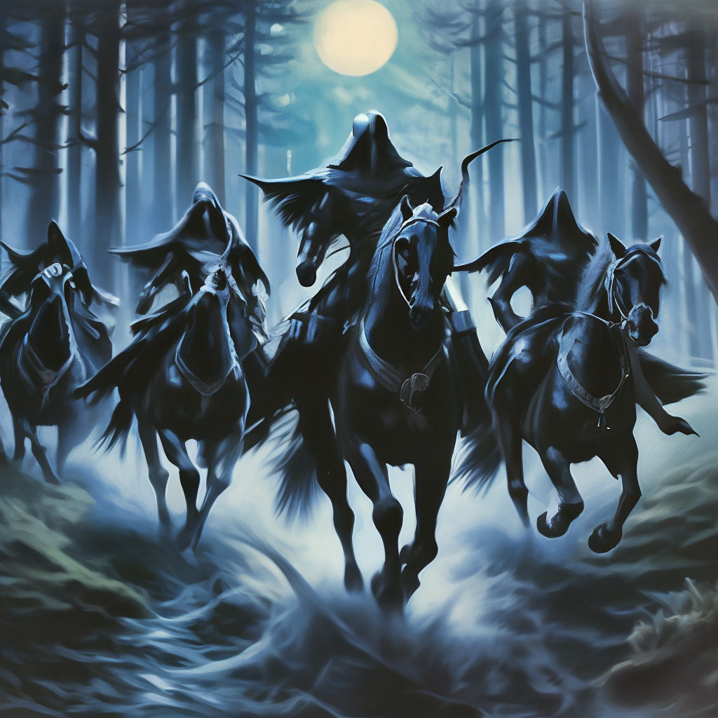 "Riders on black horses in black armor and cloaks gallop through the ...