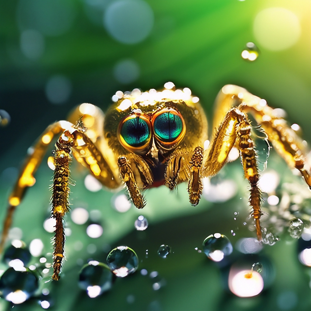 "Golden spider with big eyes in water drops, spider web, green ...