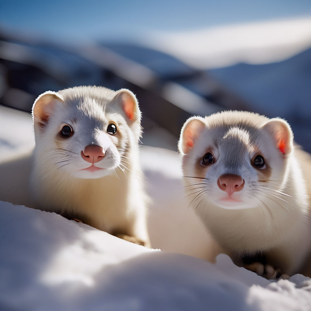 "Two ferrets, a white ferret lying, the second ferret on paws looking ...