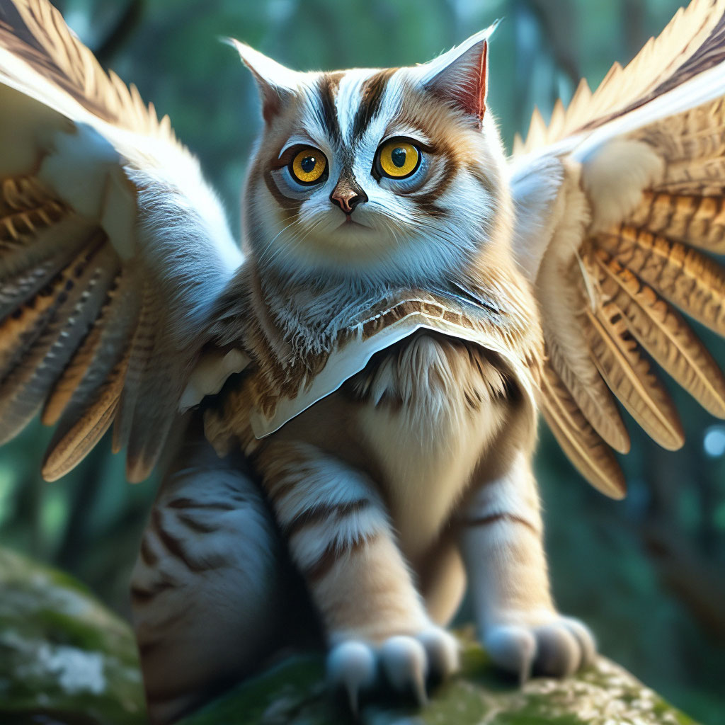 "Cat and owl hybrid, bird wings, 16k, high detail" — image created in ...