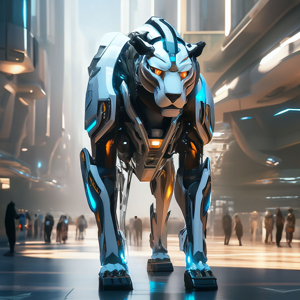 "A humanoid cyborg lion walks through the city of the future." — image ...