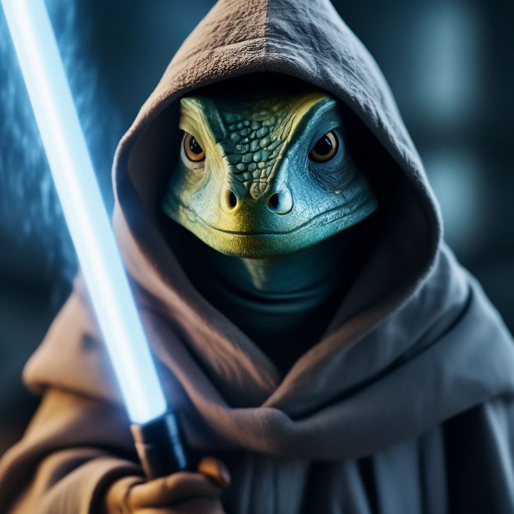 "Jedi Lizard a lizard in a cloth cloak and with a hood holds a blue ...