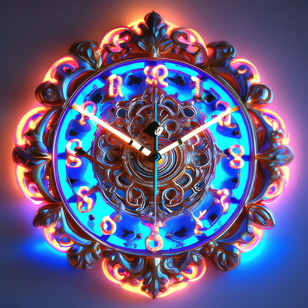 "Wall clock, filigree, Natural, baroque, neon illumination, high detail ...