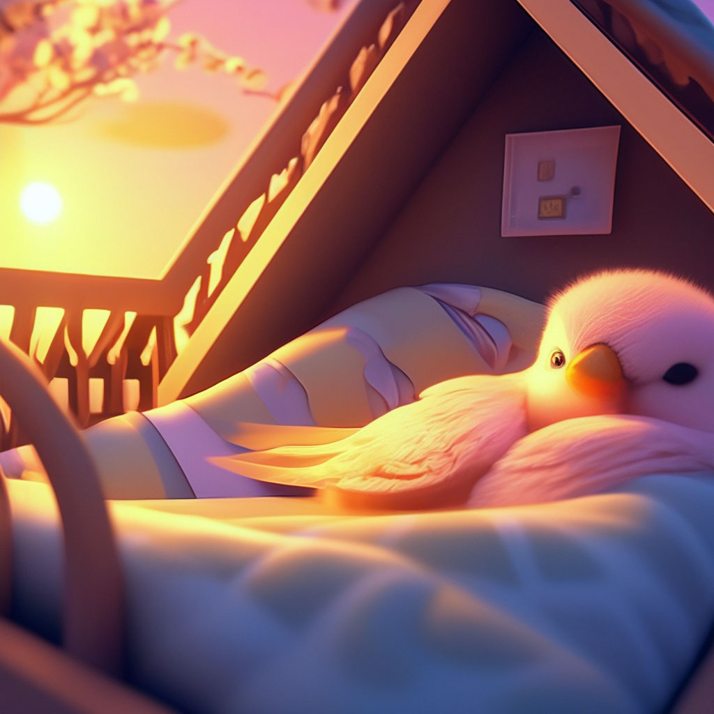 "A cute bird sleeps in a crib in a house under a blanket" — image ...