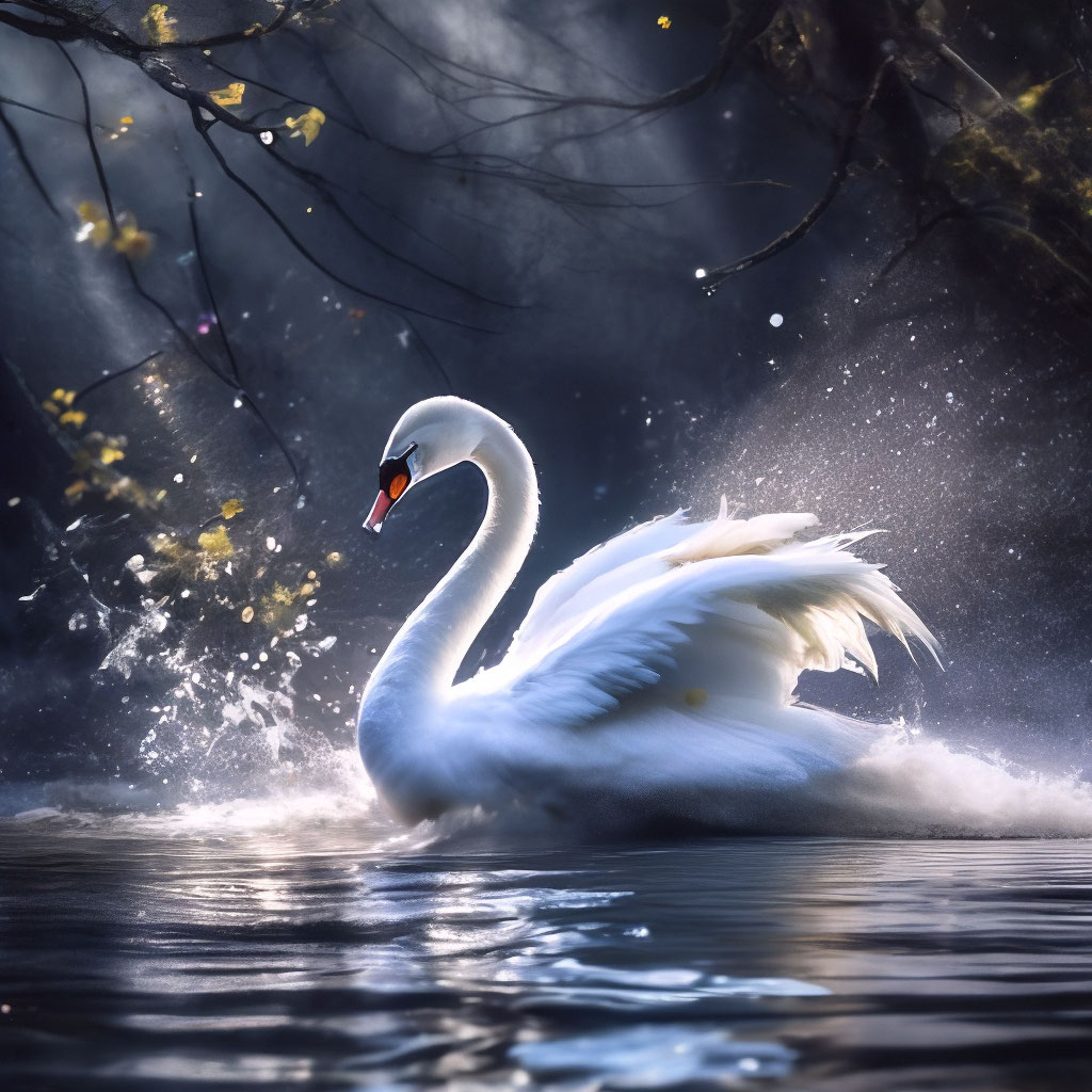 "White swan on the water, shimmering dust+splashes, dark botanical ...