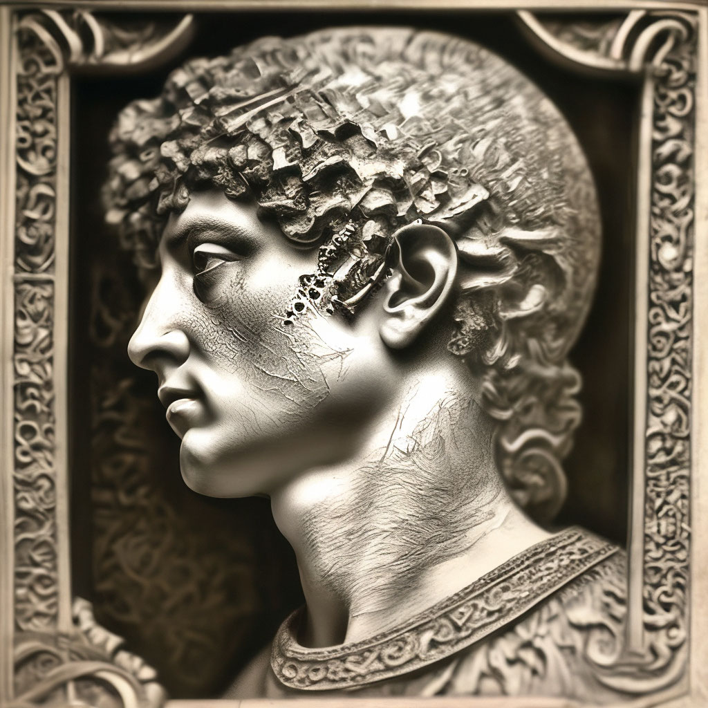 "Roman engraving of a man's face, filigree" — image created in Shedevrum