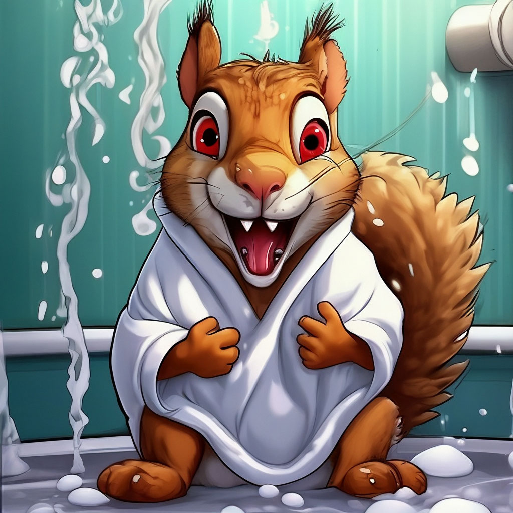 "Comic drawing realistic squirrel depressed sitting in the shower ...