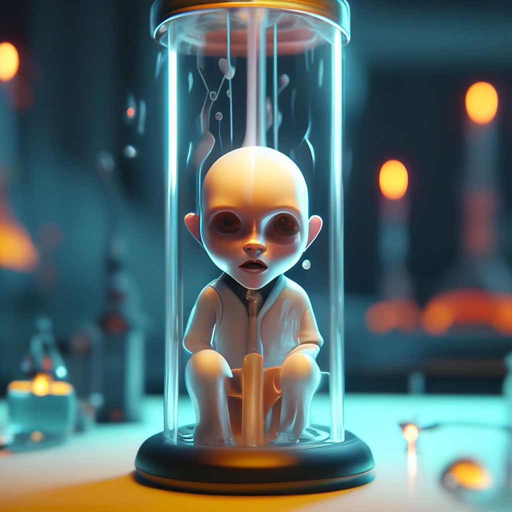 "A small homunculus is sitting in a test tube, sad, tragic, sad, tears ...