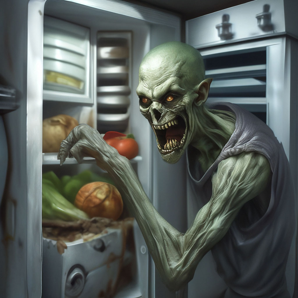 "One evil zombie opens an old refrigerator to eat, high resolution ...