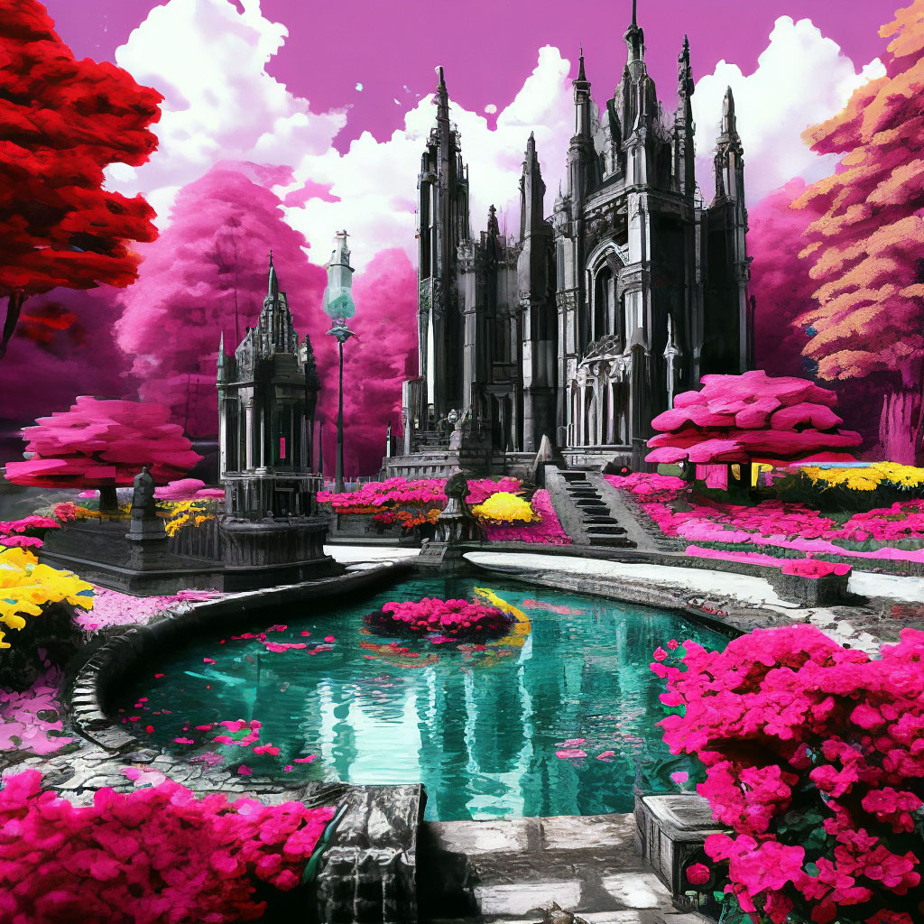 "Black red turquoise yellow pink spring... Gothic park landscape ...