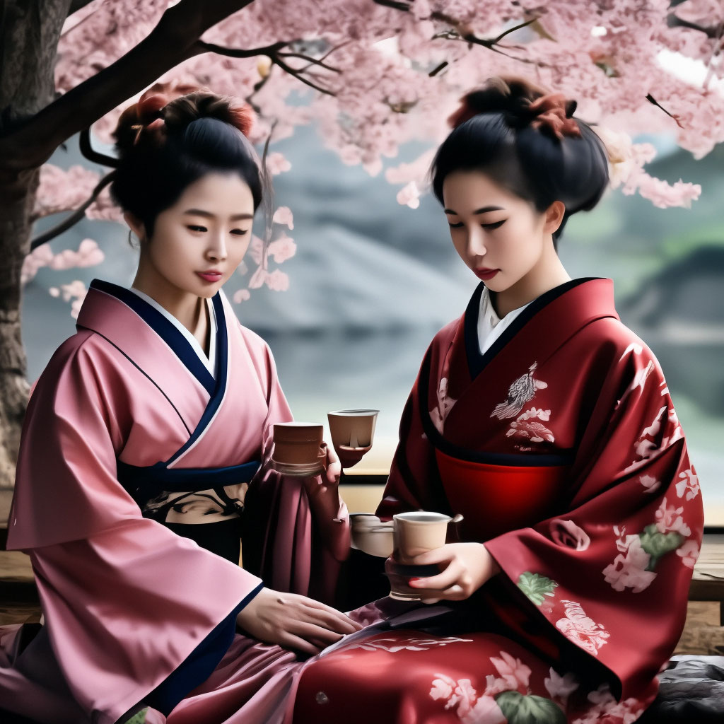 "Japanese tea ceremony. Two friends of a geisha drink tea under a ...