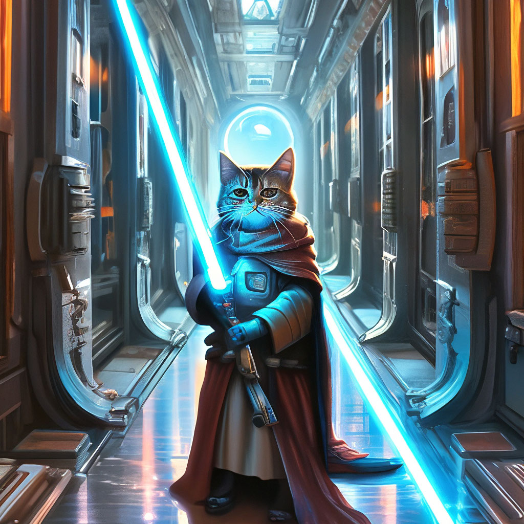"A Jedi cat with a laser sword in its paws stands in the corridor of an ...