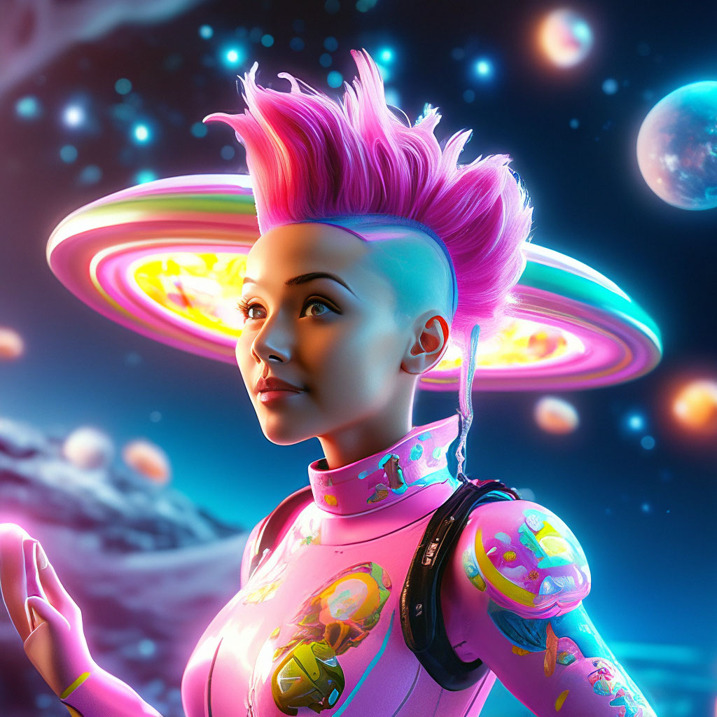 "Funny alien girl in a neon floral spacesuit,pink mohawk,on a glowing ...