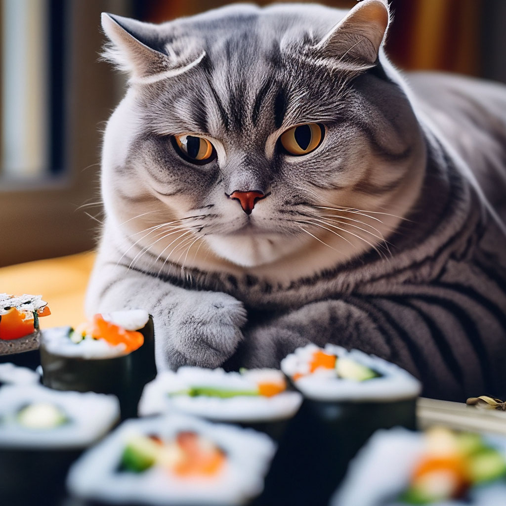 "Gray fat cat eats sushi and rolls with soy sauce, aesthetically ...