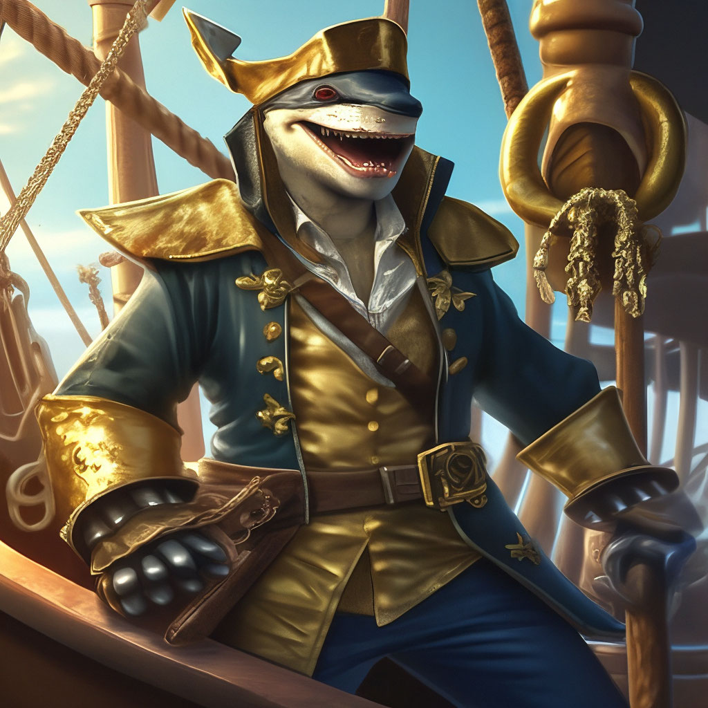 "Shark pirate, anthropomorphic shark, on the ship, gold jewelry ...